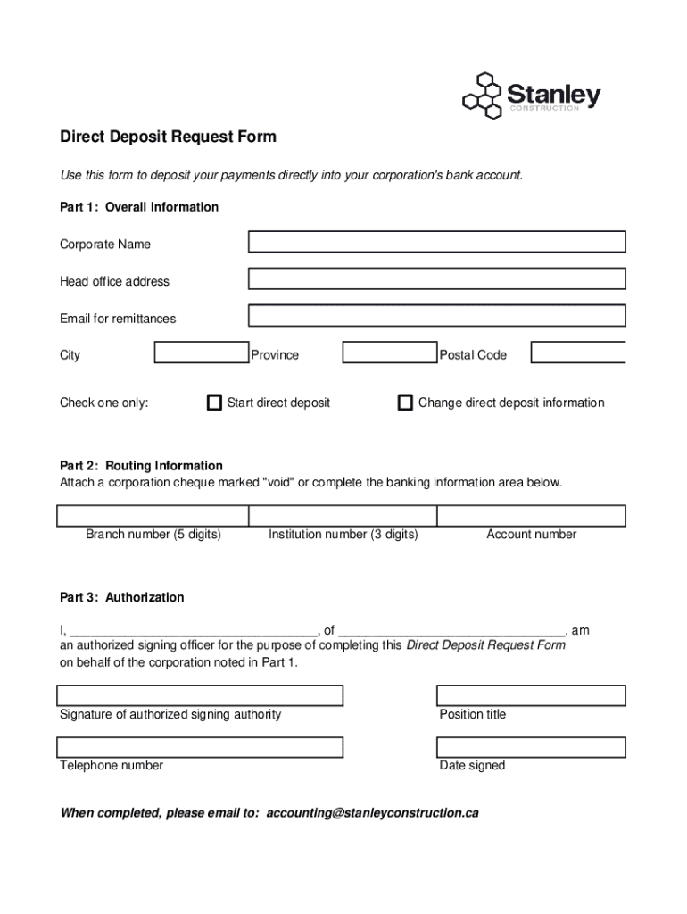 Fillable Online Use this form to deposit your payments directly into your corporation's bank ...