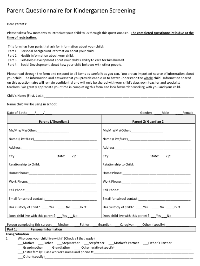 Fillable Online Questionnaire for Kindergarten Parents/ Guardians Fax ...