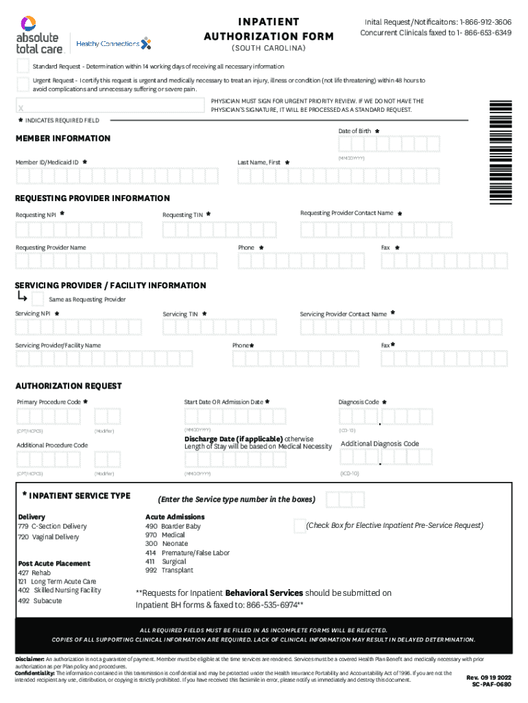 Fillable Online INPATIENT AUTHORIZATION FORM. SC-PAF-0680Inpatient PA ...