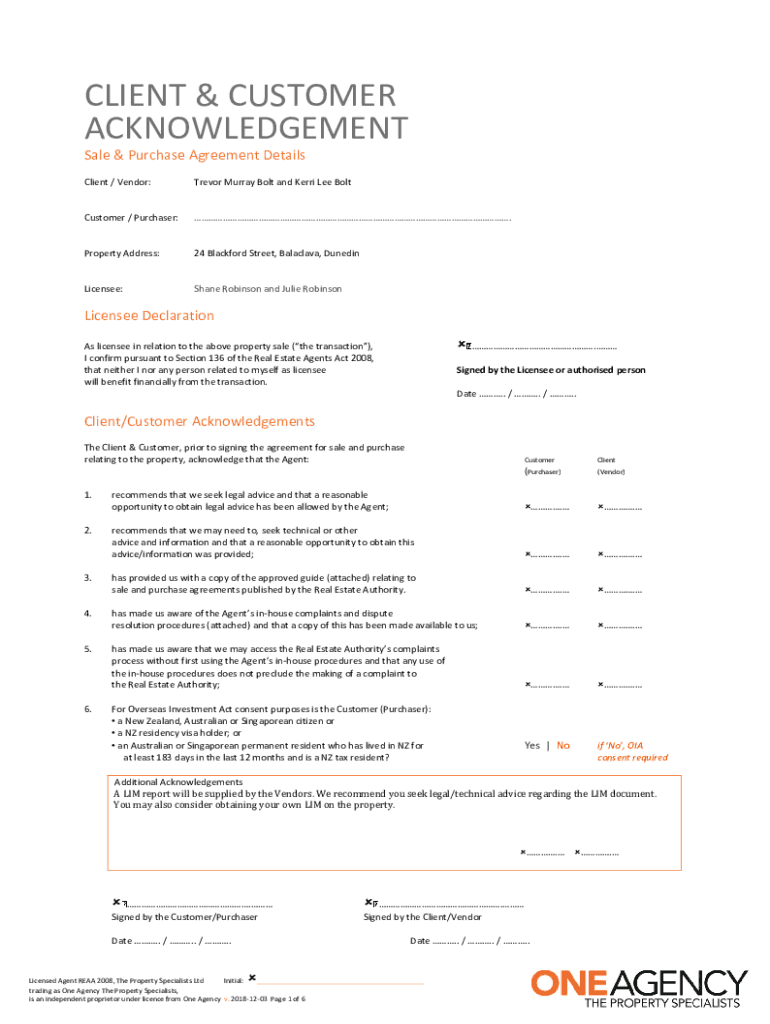Fillable Online CLIENT & CUSTOMER ACKNOWLEDGEMENT Fax Email Print - pdfFiller