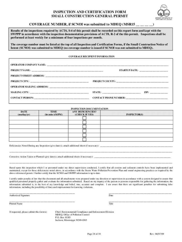 Fillable Online INSPECTION AND CERTIFICATION FORM Fax Email Print - pdfFiller