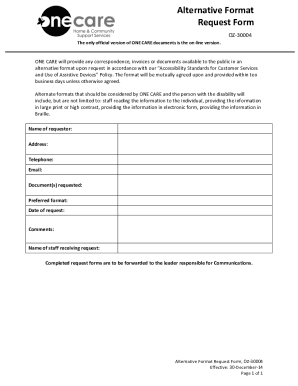 Fillable Online Alternative Format Request Form - onecare Fax Email ...