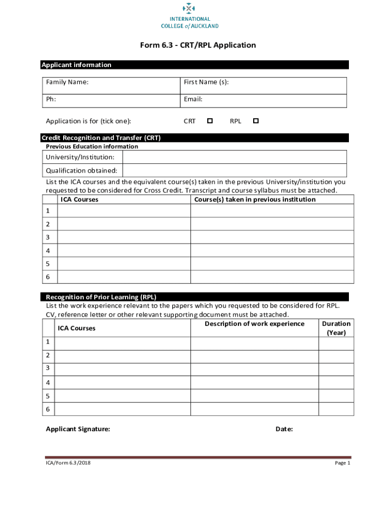 Fillable Online Form 6.3 - CRT/RPL Application - ica.ac.nz Fax Email ...