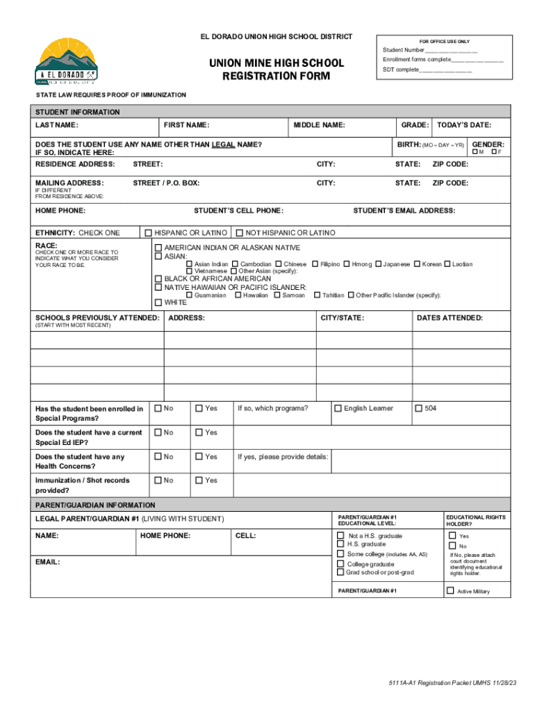 Fillable Online New Student Enrollment Information - El Dorado High ...