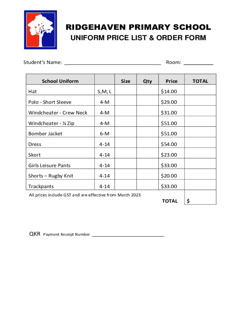 Fillable Online ridgehaven primary school - uniform price list & order ...