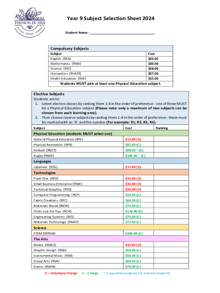 Fillable Online Year 9 Subject Selection Sheet 2024 Fax Email Print - pdfFiller
