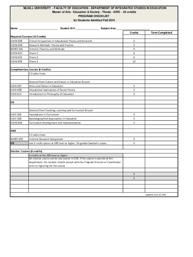 Fillable Online Thesis - GWS - 45 credits PROGRAM CHECKLIST for ... Fax ...