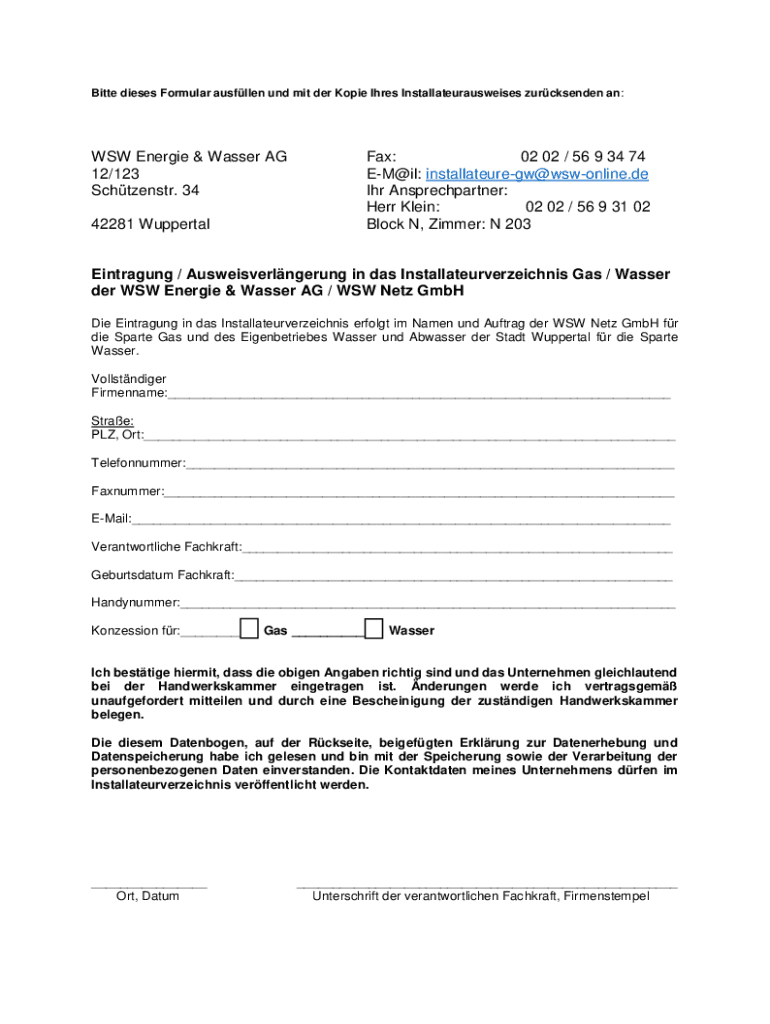 Ausfüllbar Online WSW Energie & Wasser AG Fax: 02 02 / 56 9 34 74 12/ ...