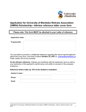 Fillable Online Advisor reference letter cover form-UMRA award. Advisor reference letter cover ...