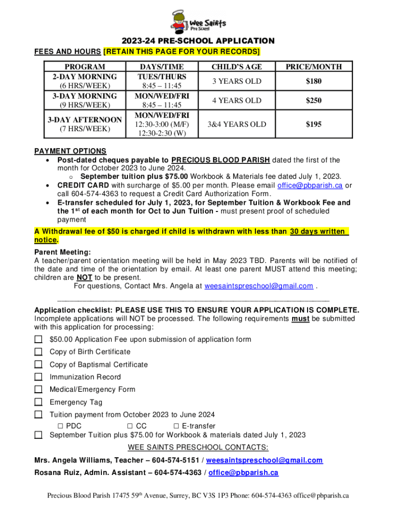 Fillable Online Preschool Application Form 2023-2024 School Year Fax ...