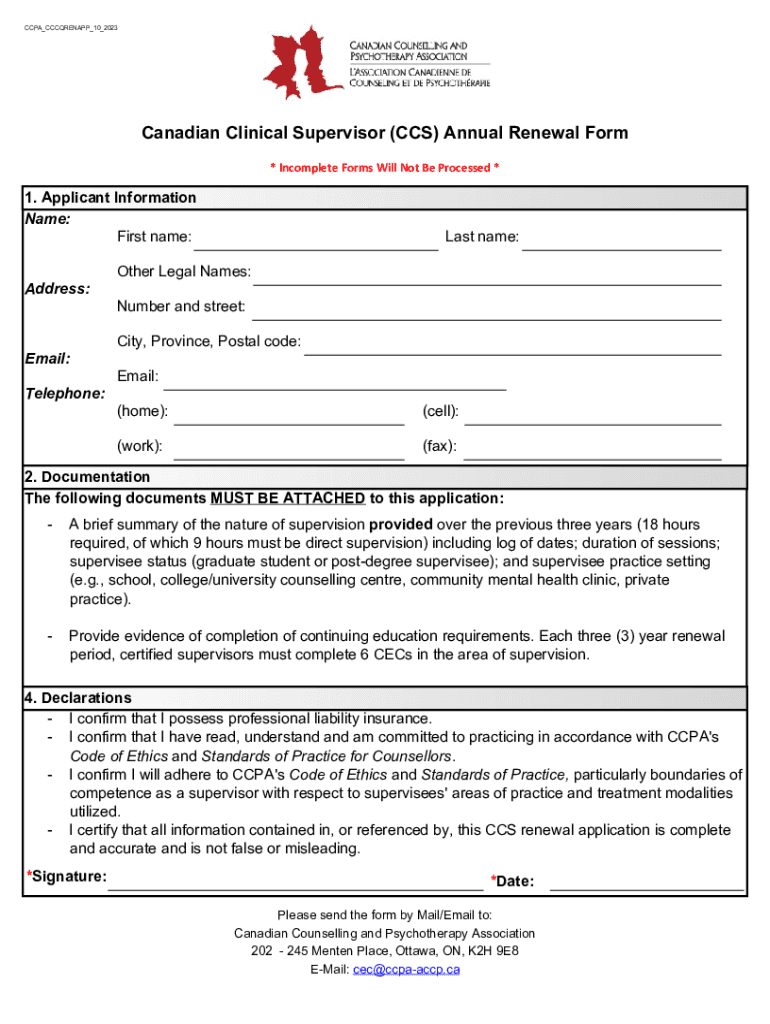 Fillable Online Canadian Clinical Supervisor (CCS) Annual Renewal Form ...
