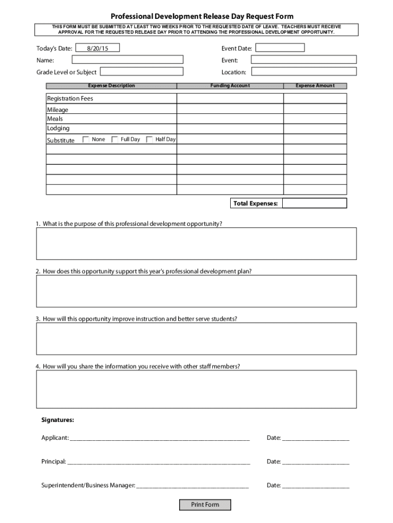 Fillable Online Professional Development Release Day Request Form Fax Email Print - pdfFiller