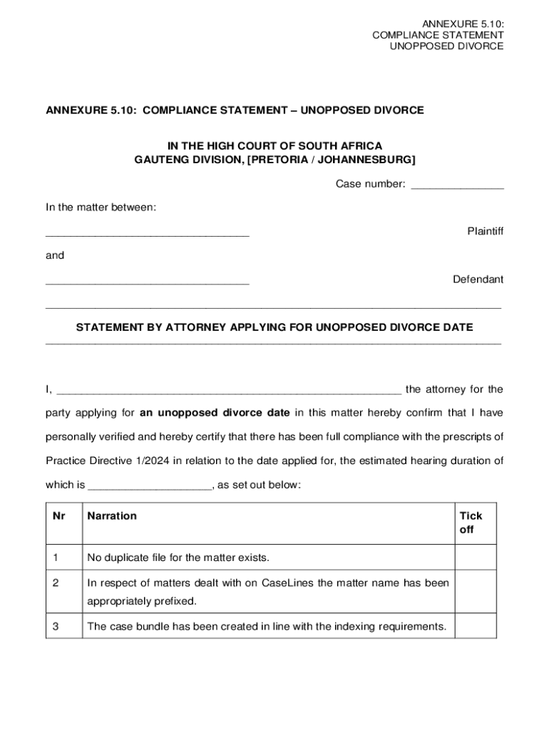 Fillable Online annexure 5.10: compliance statement unopposed divorce ...