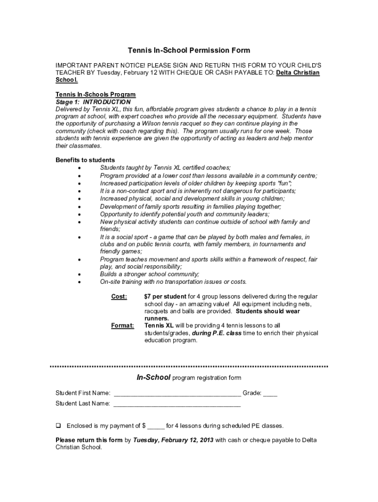 Fillable Online Tennis In-School Permission Form Fax Email Print - pdfFiller