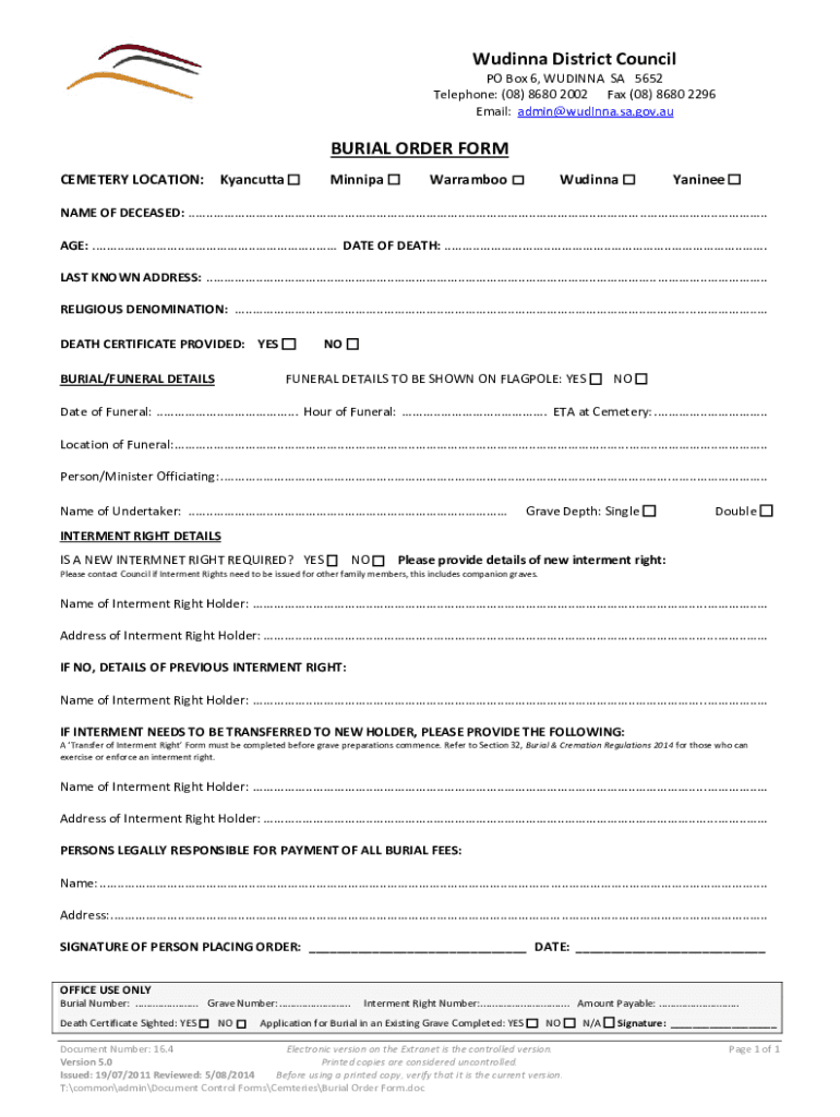 Fillable Online Burial Order Form Fax Email Print - pdfFiller