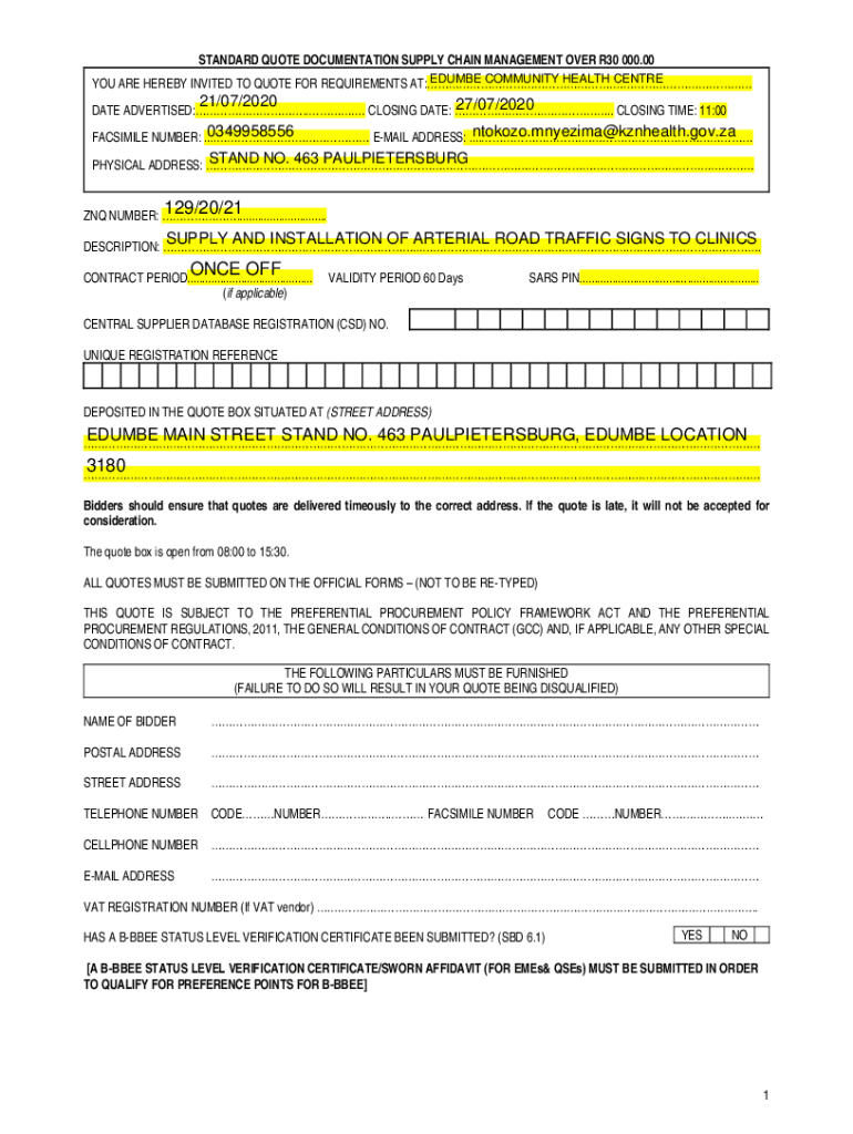 Fillable Online STANDARD QUOTE DOCUMENTATION SUPPLY CHAIN MANAGEMENT ...