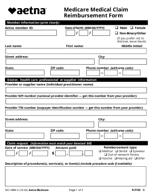 Fillable Online Aetna - Medicare Medical Claim Reimbursement Form Fax ...