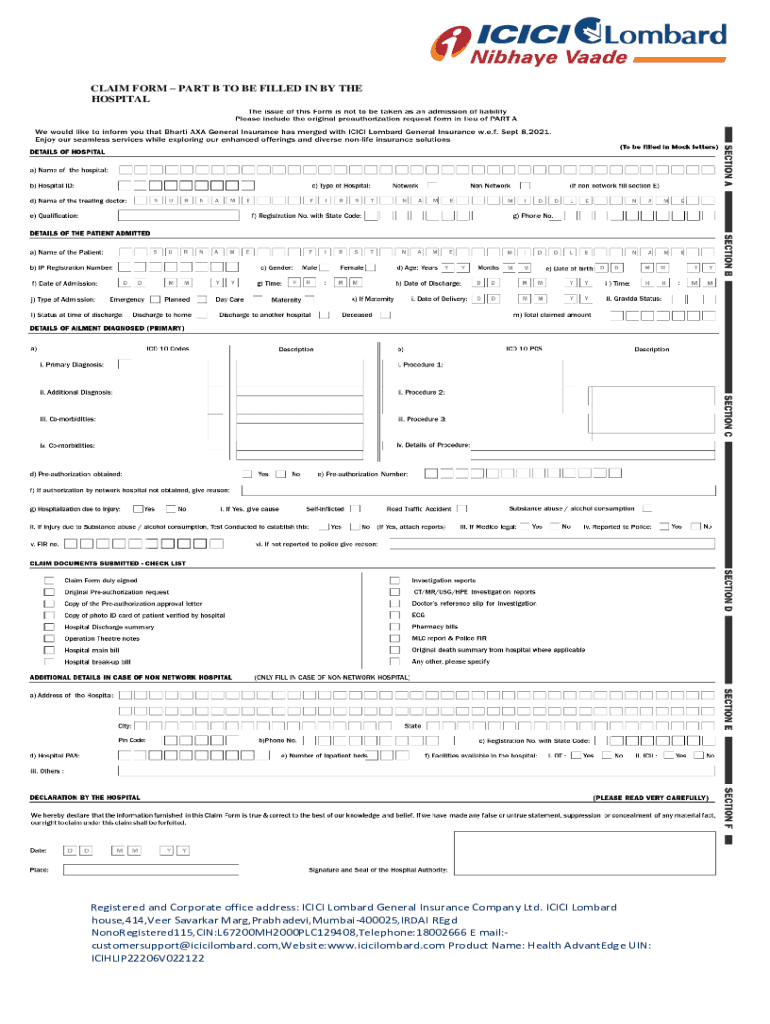 Fillable Online Claim Form - Part B To Be Filled in by The Hospital Fax ...