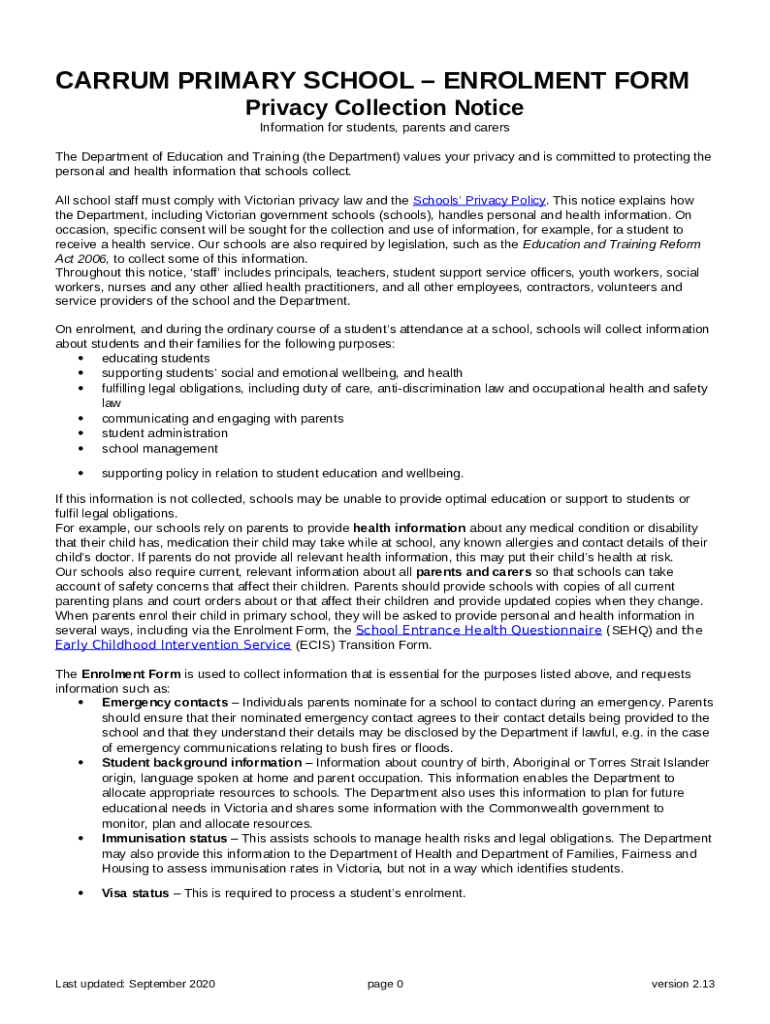 CARRUM PRIMARY SCHOOL - ENROLMENT Doc Template | pdfFiller