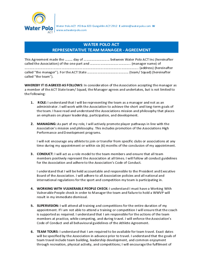 Fillable Online WATER POLO ACT REPRESENTATIVE TEAM MANAGER Fax Email Print - pdfFiller