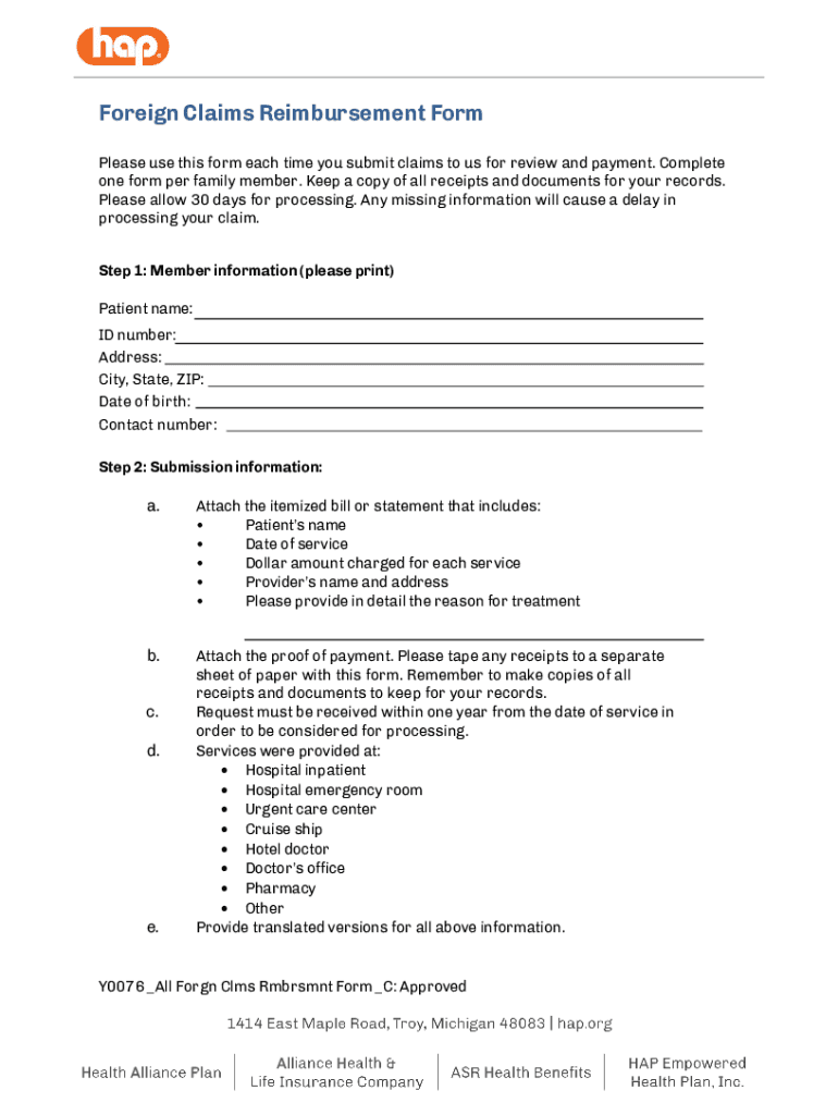 Fillable Online 2024 Multi LOB HAP Foreign Claims Reimbursement Form Fax Email Print - pdfFiller
