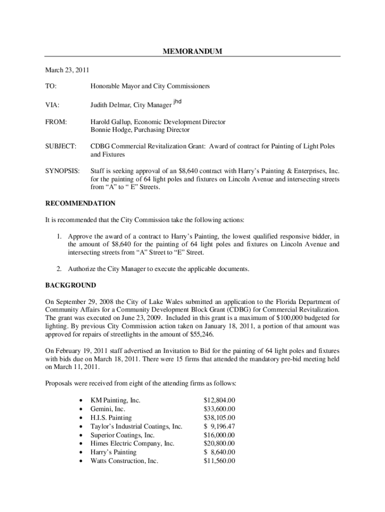 Fillable Online lakewales elaws Award of contract for Painting of Light ...