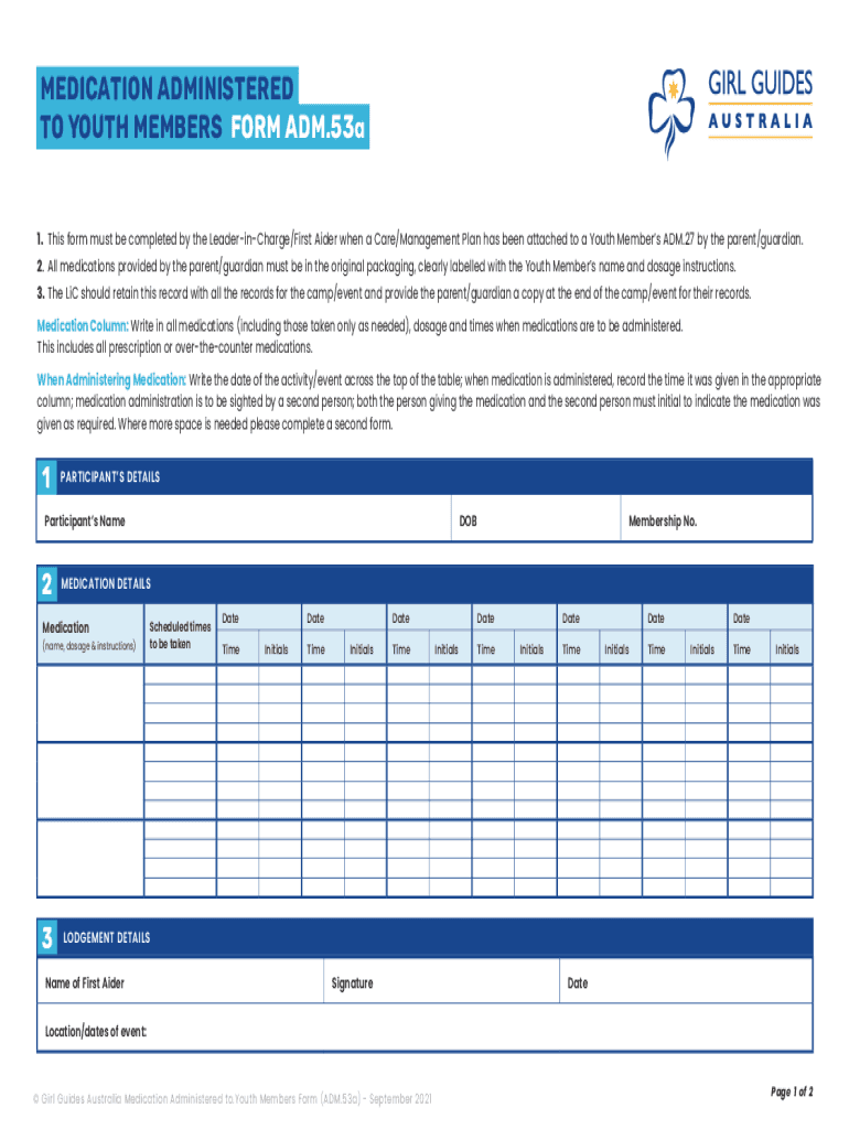 Fillable Online Medication Administered to Youth Members FORM ...