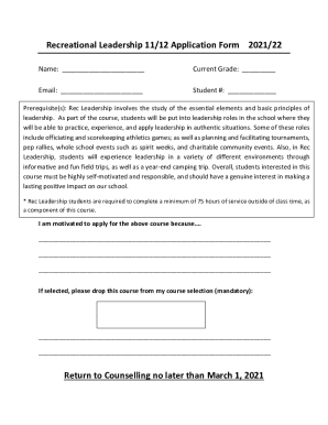 Fillable Online Recreational Leadership 11/12 Application Form 2021/22 ...
