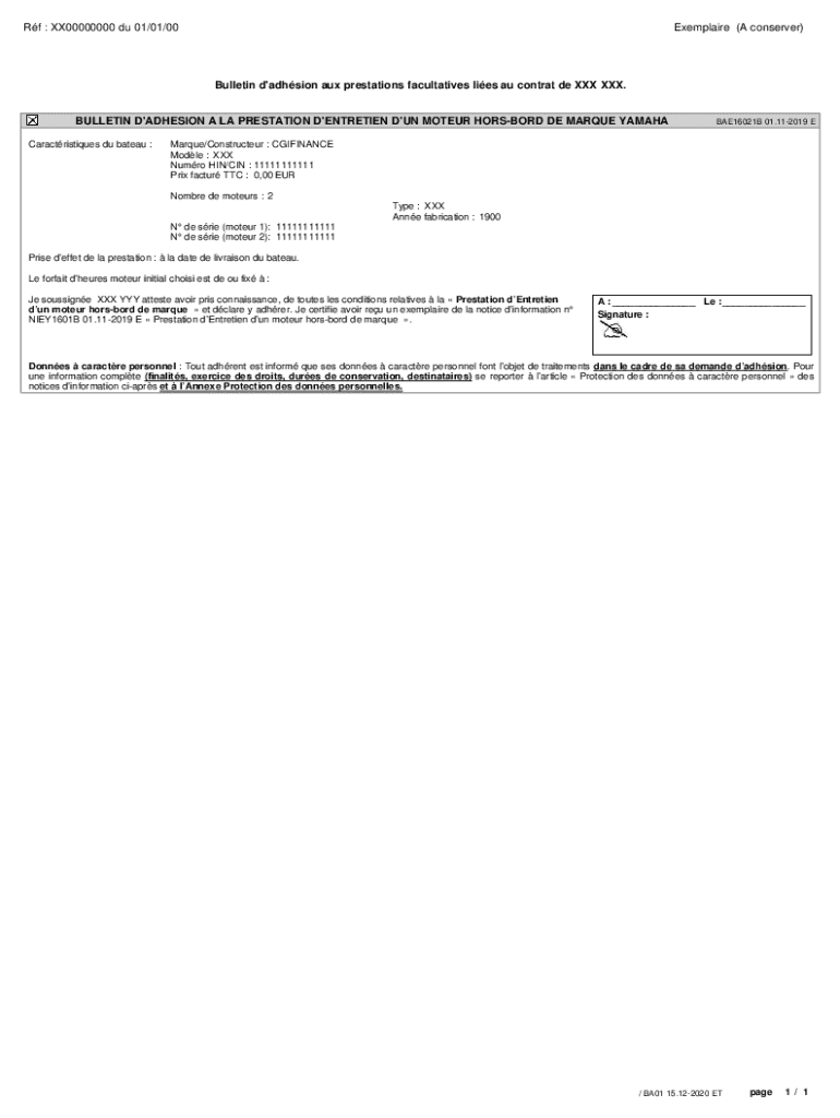 Remplissable En Ligne BULLETIN D'ADHESION A LA PRESTATION D'ENTRETIEN D'UN MOTEUR HORS-BORD DE ...