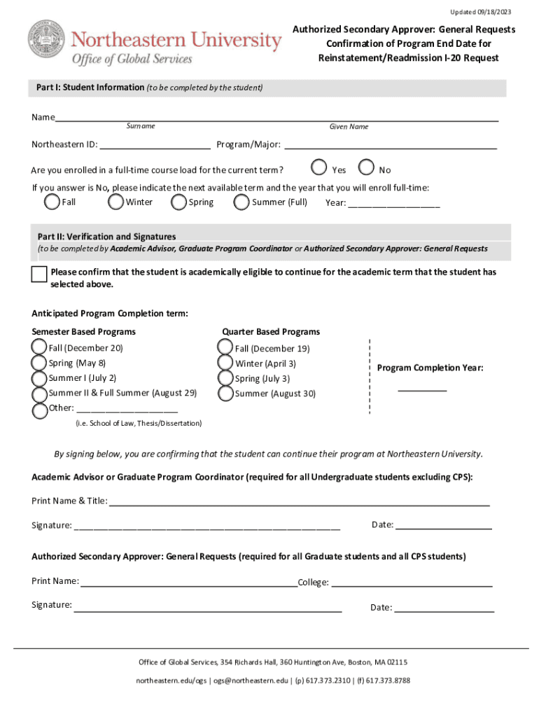 Fillable Online Reinstatement/Readmission I-20 Request Fax Email Print - pdfFiller