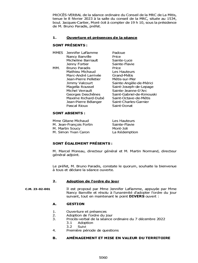 Remplissable En Ligne 5060 PROCS-VERBAL de la sance ordinaire du Conseil ... Fax Email Imprimer ...