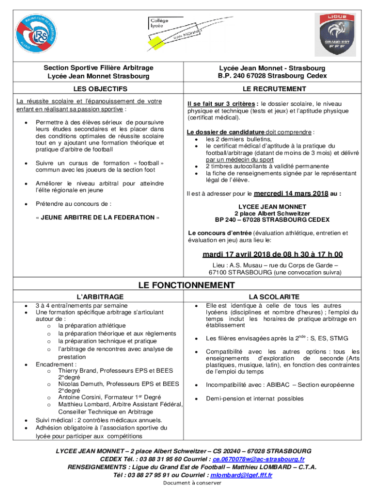 Remplissable En Ligne section d'excellence sportive filiere arbitrage du lycee jean ... Fax ...