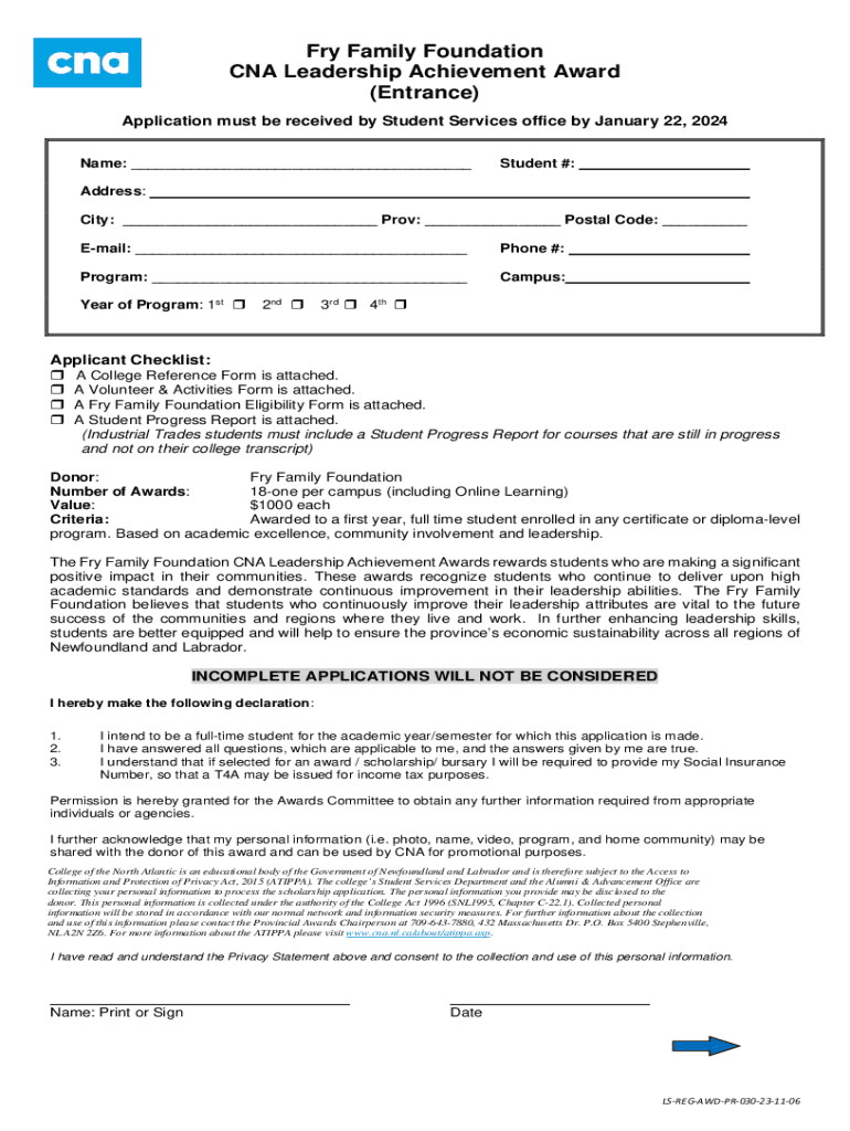 Fillable Online Fry Family Foundation CNA Leadership Achievement Award ...