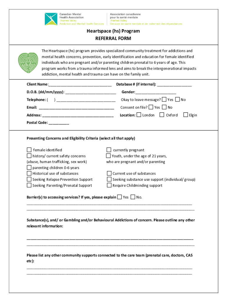 Fillable Online Heartspace (hs) Program REFERRAL FORM Fax Email Print - pdfFiller