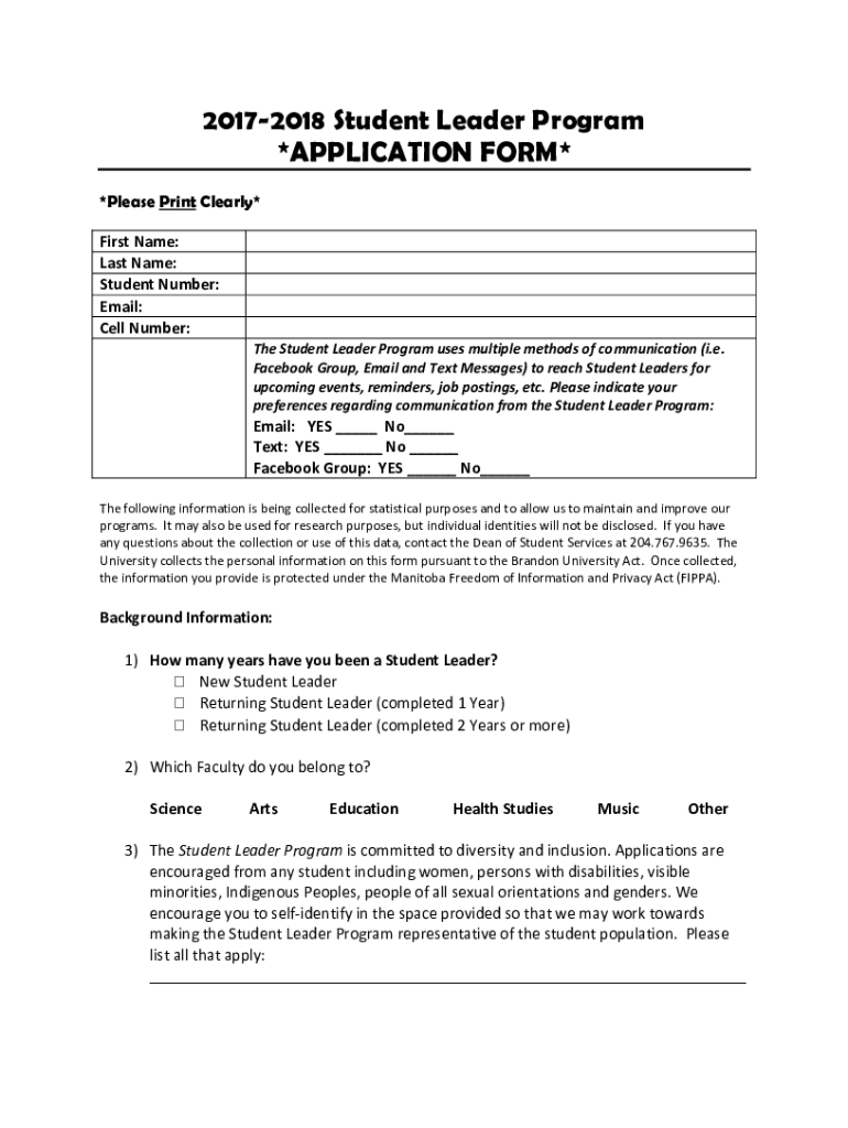 Fillable Online 2017-2018 Student Leader Program *APPLICATION FORM* Fax ...