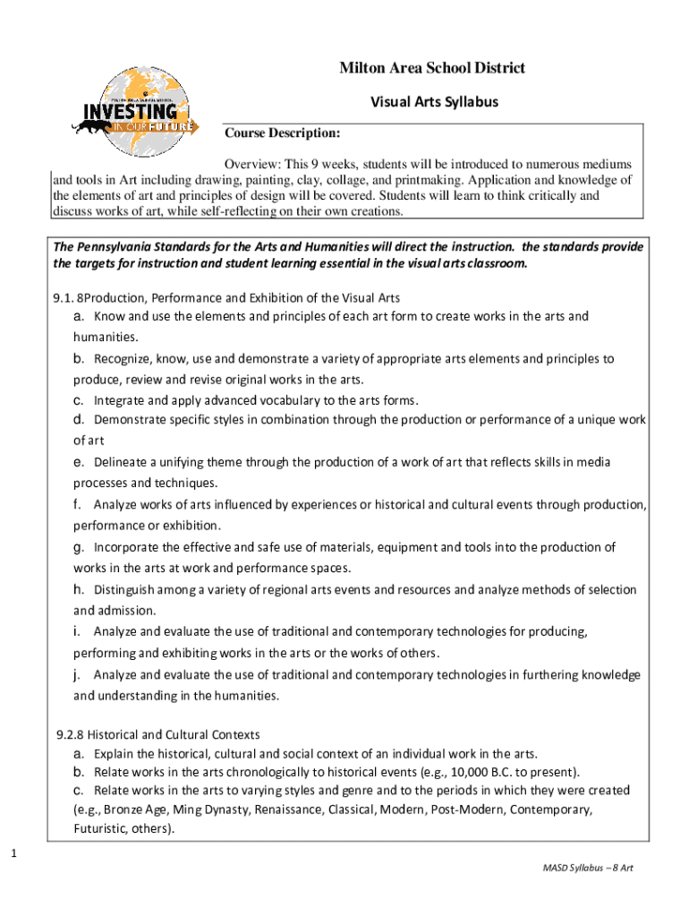 Fillable Online Milton Area School District 6th Grade Visual Arts ...