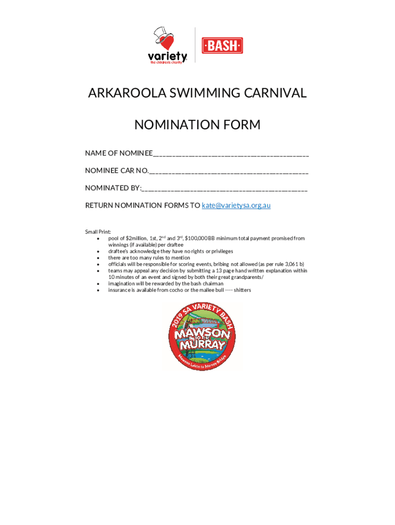 Fillable Online ARKAROOLA SWIMMING CARNIVAL NOMINATION FORM Fax Email ...