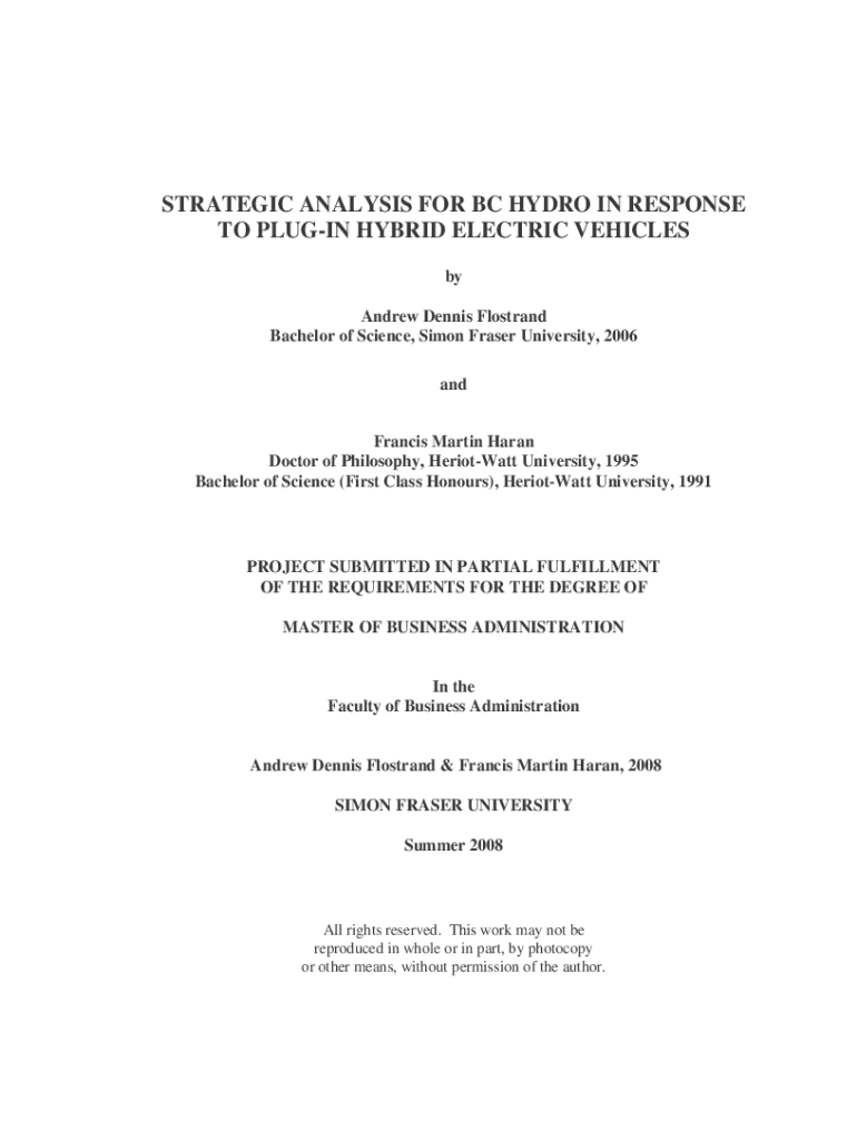 Fillable Online summit sfu PHEVs and BC Hydro. STRATEGIC ANALYSIS FOR ...