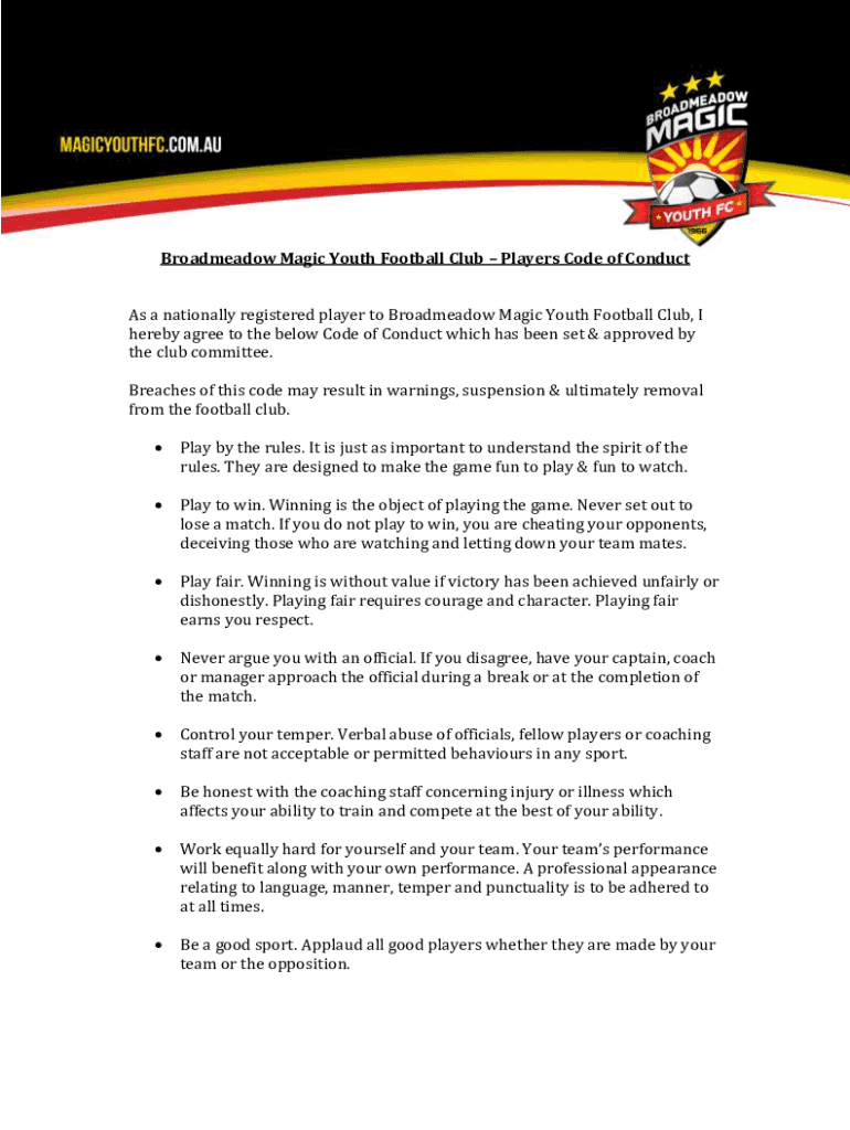 Fillable Online Broadmeadow Magic Youth Football Club Players Code ...