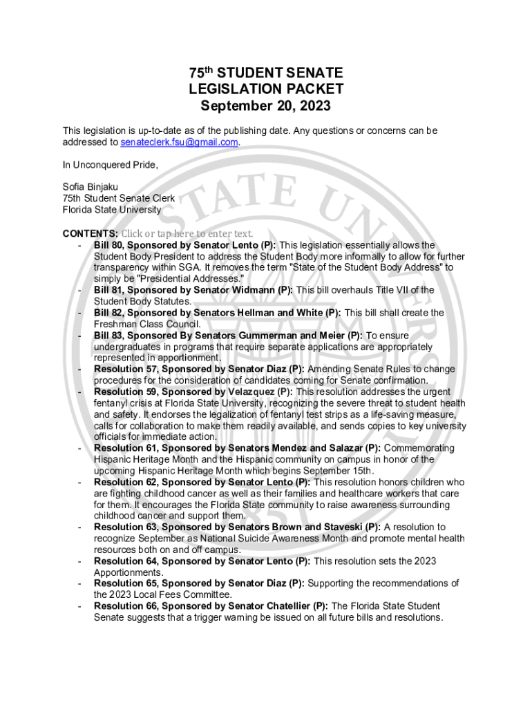 Fillable Online sga fsu 75 th STUDENT SENATE LEGISLATION PACKET October ...