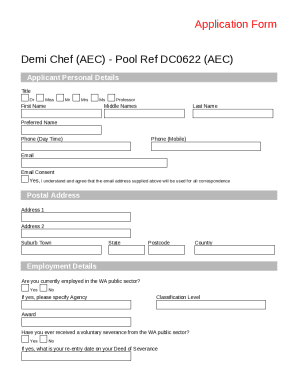 Fillable Online Application Form Demi Chef (AEC) - Jobs WA Fax Email ...