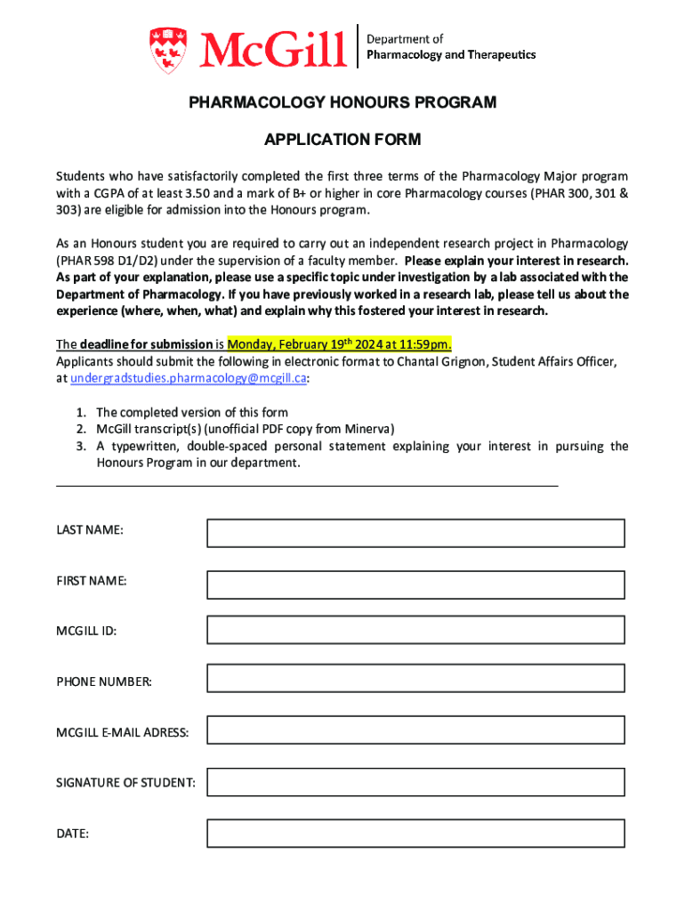 Fillable Online PHARMACOLOGY HONOURS PROGRAM APPLICATION ... Fax Email ...