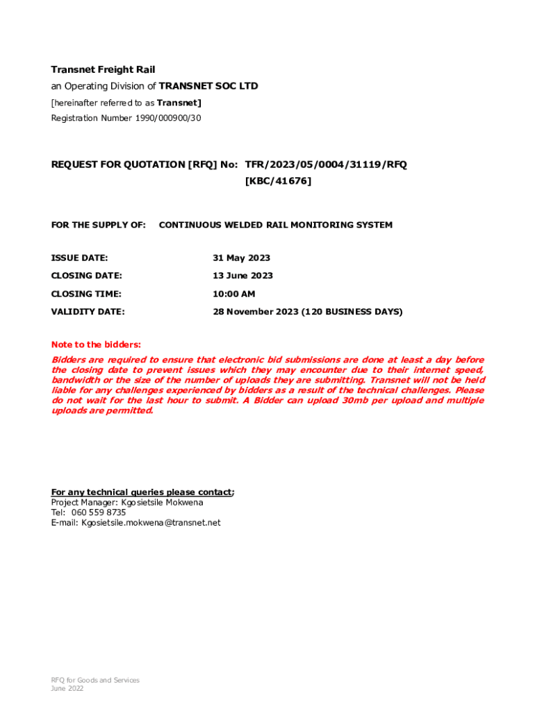 Fillable Online REQUEST FOR QUOTATION RFQ No: TFR/2023/05/0004/31119 ...