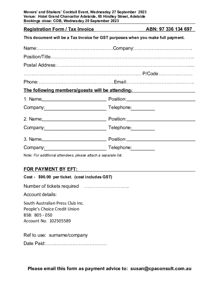 Fillable Online Registration Form / Tax Invoice ABN - Adelaide Fax ...