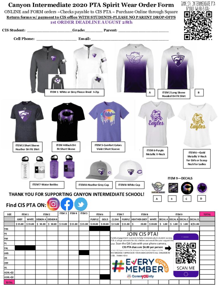 Fillable Online Canyon Intermediate 2020 PTA Spirit Wear Order Form Fax ...