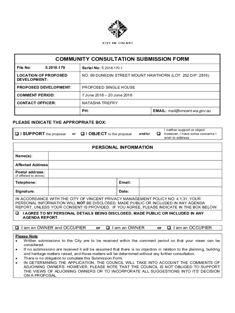 Fillable Online Planning - Advertising - Community Consultation Form New - 69 Dunedin Street ...