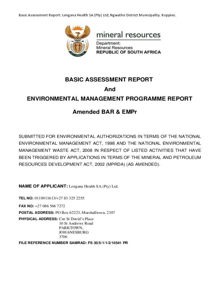 Fillable Online Basic Assessment Report: Lengana Health SA (Pty) Ltd ...