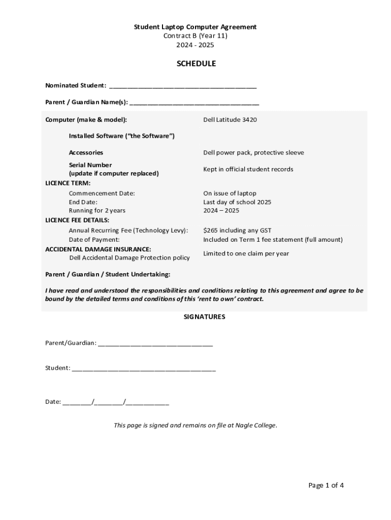 Fillable Online Student Laptop Computer Agreement Contract B (Year 11 ...