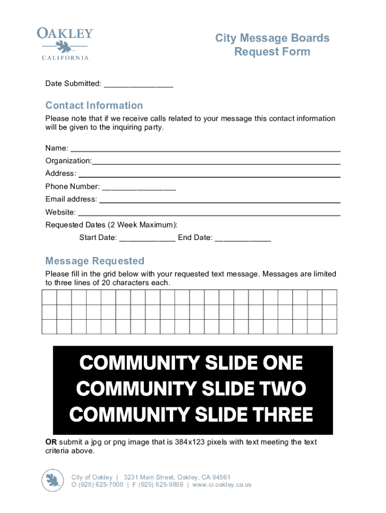Fillable Online Civic Center and Laurel Road Message Board - City of Oakley Fax Email Print ...