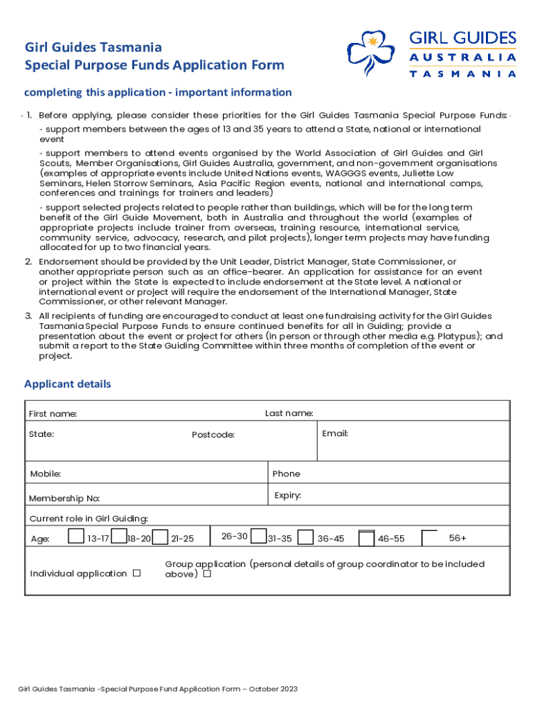 Fillable Online guidestas org Girl Guides Tasmania Special Purpose Funds Application Form Fax ...